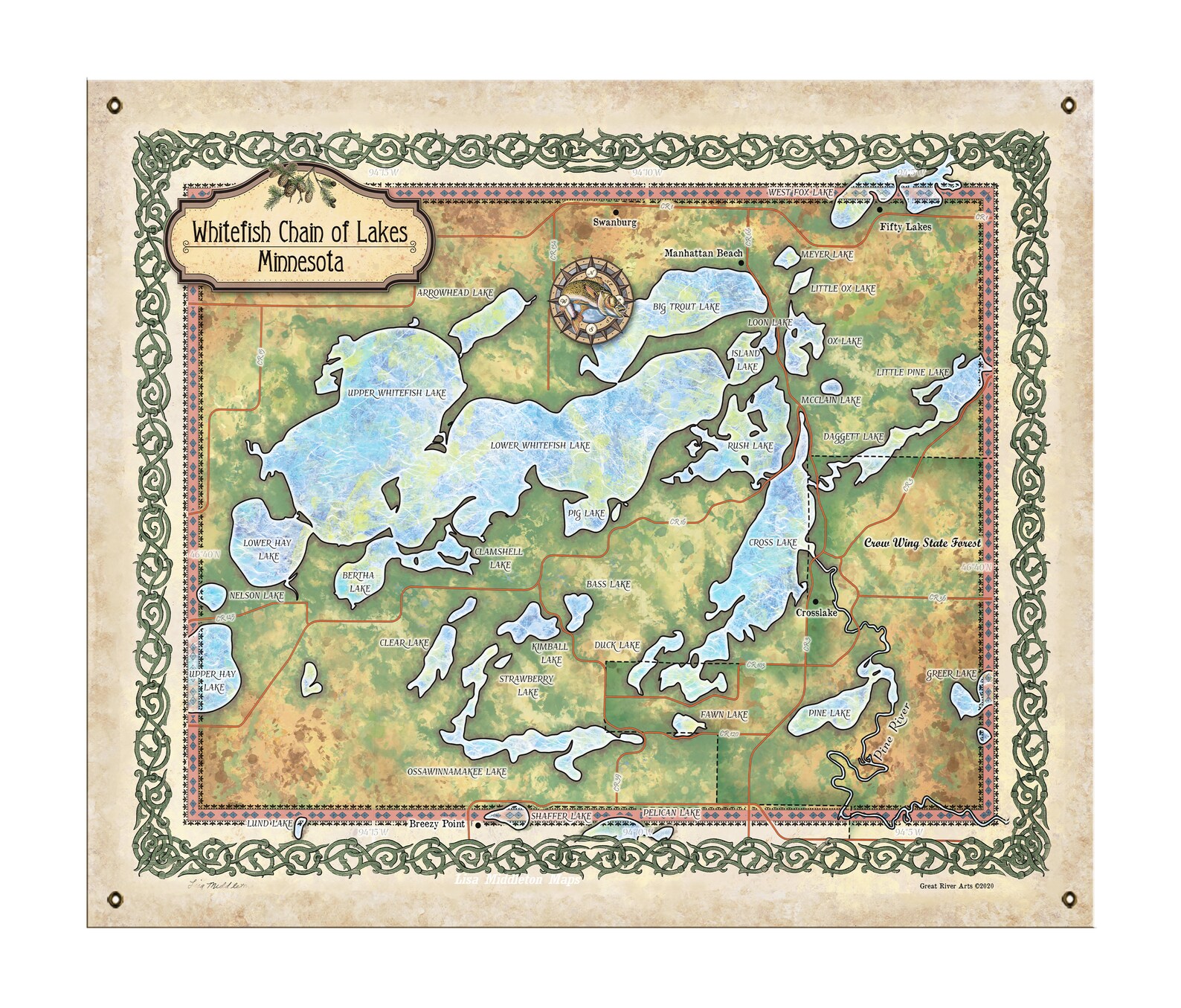 Minnesota Whitefish Chain of Lakes Lake Map Art Map Art on Wood or ...