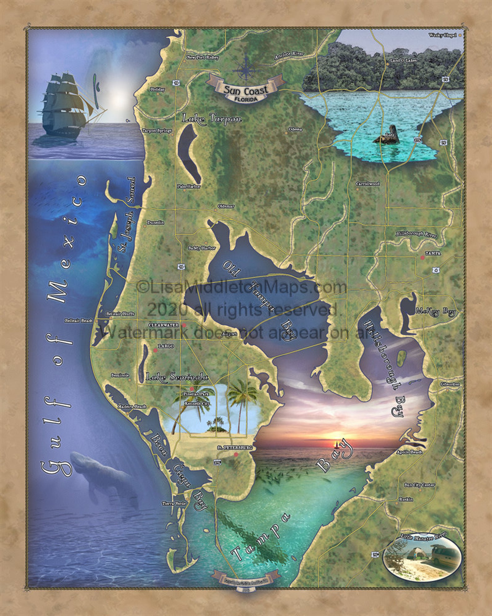 St Petersburg, Tampa Bay Map, Beach Art, Sun Coast Map, Florida Map Art ...