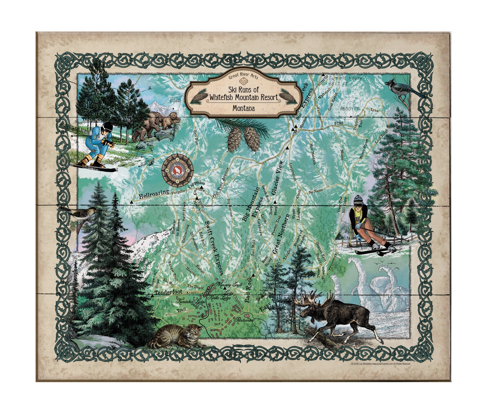 Whitefish Resort Ski Runs Montana Montana Ski Map Map Art on Wood or ...