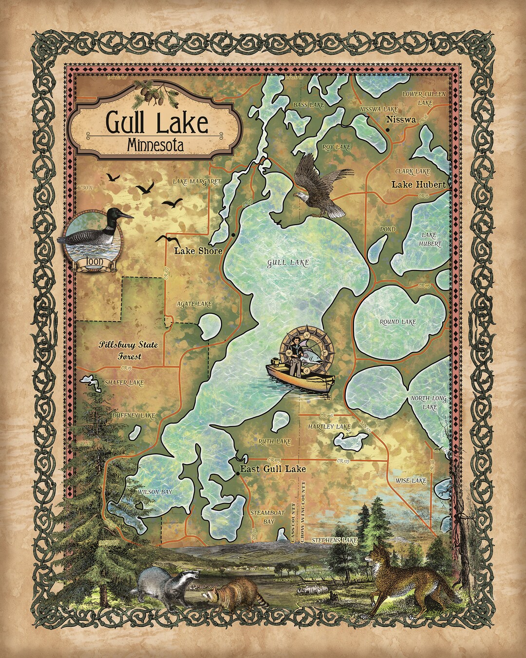 Great River Arts Gull Lake Minnesota Map Art - Ready to Frame Lake ...