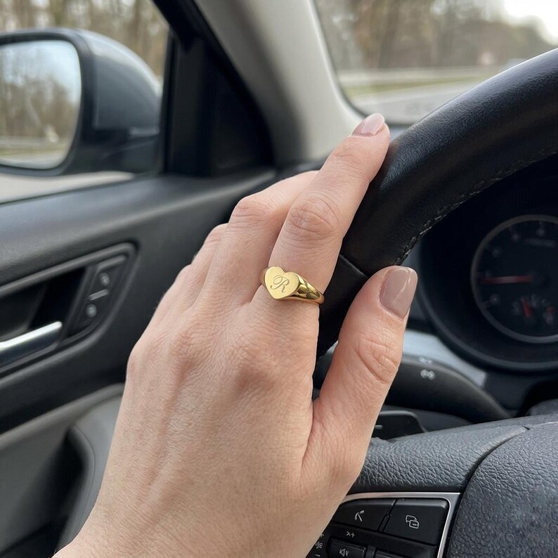 Heart Signet Ring Gold • Engraved Initial Ring • Custom Letter Ring ...