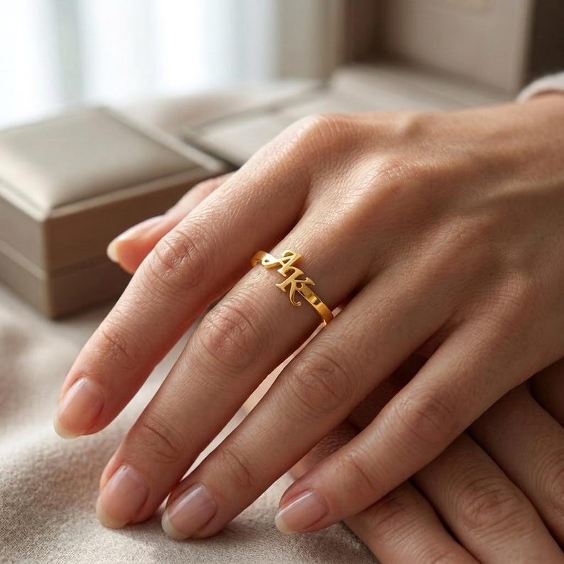 Engraved Name Ring 18K Gold • Custom Initial Ring • Dainty Stacking ...