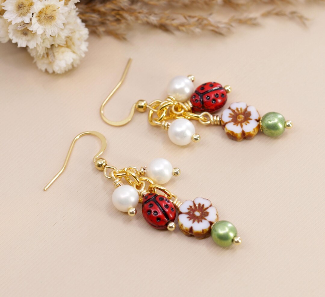 Ladybug Dangle Earrings, Pearl and Flower Nature Earrings, Cute ...
