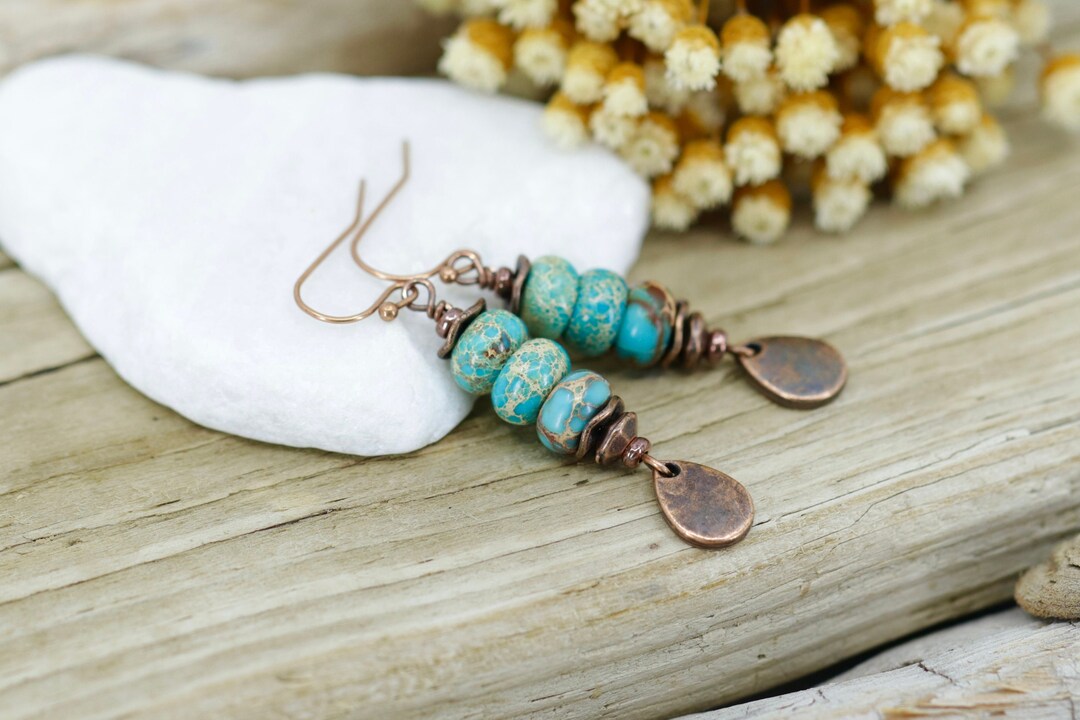 Boho Copper Earrings Turquoise Blue Stone Dangle Earrings Etsy