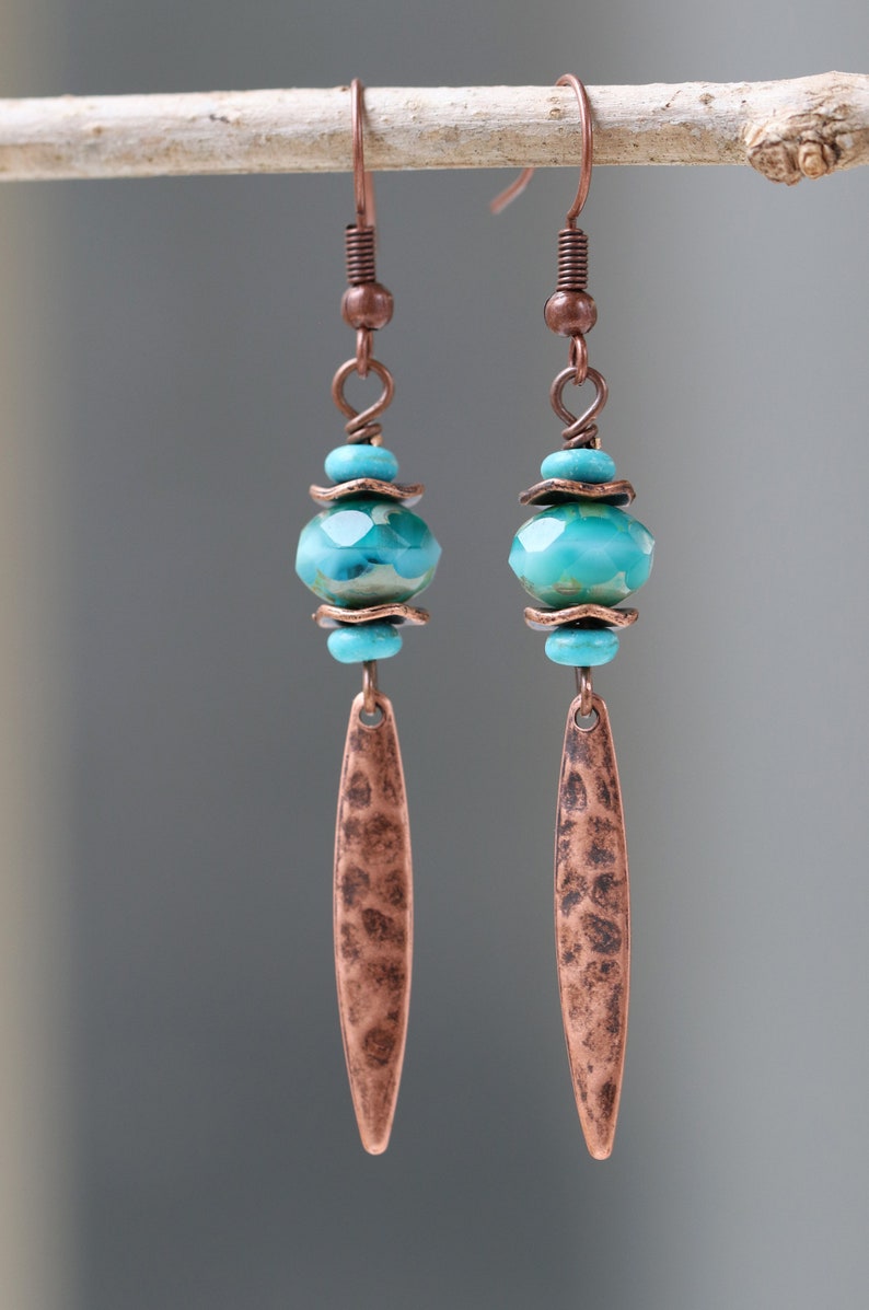 Beaded Dangle Earrings, Dainty Handmade Earrings, Copper and Turquoise ...