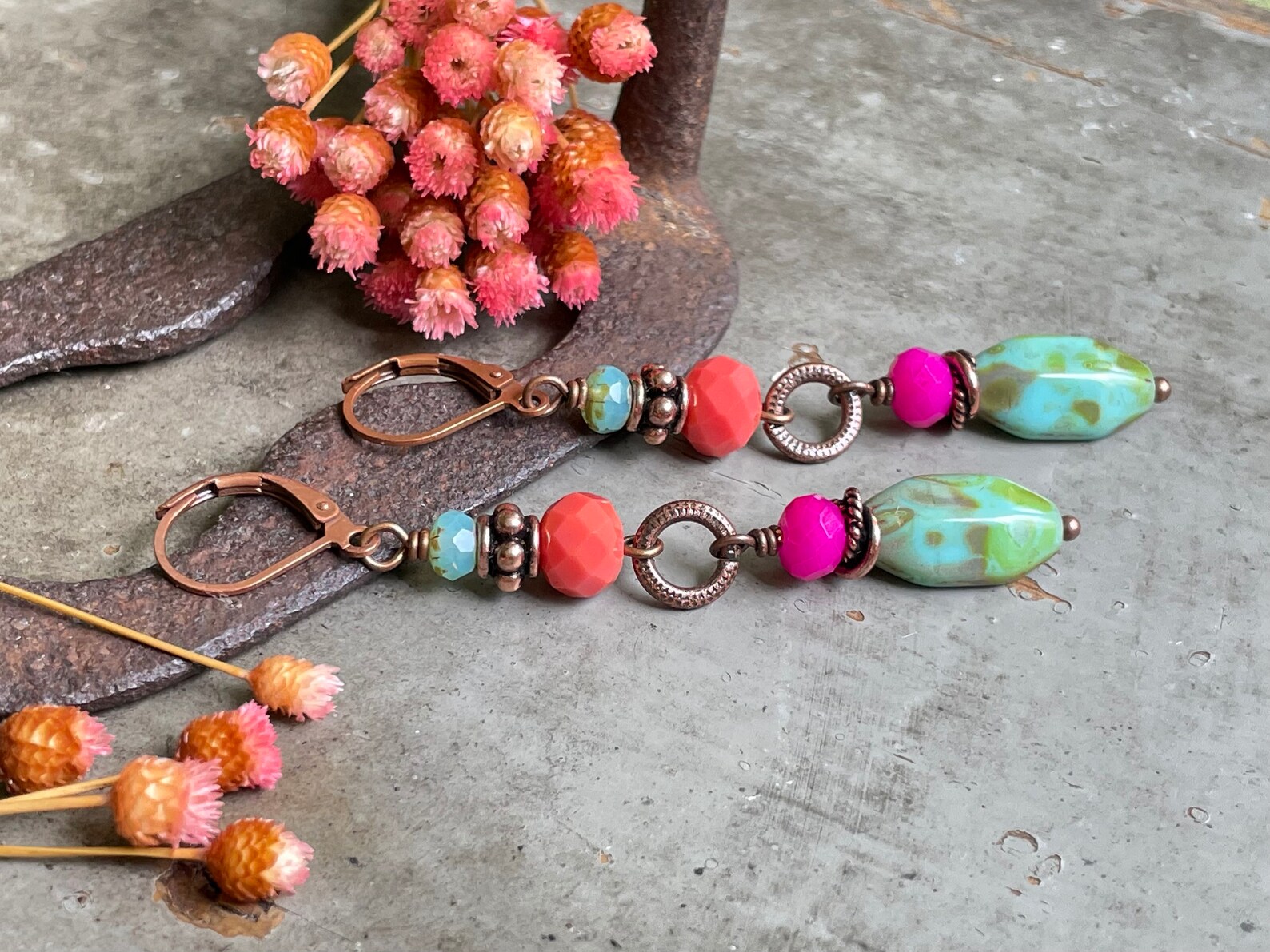 Boho Copper Earrings Dangle Earrings Colorful Bohemian Etsy