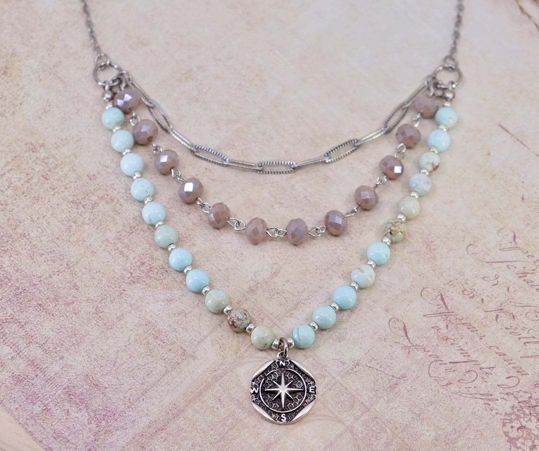 Layered Compass Necklace, Beaded Boho Handmade Necklace, Bohemian ...
