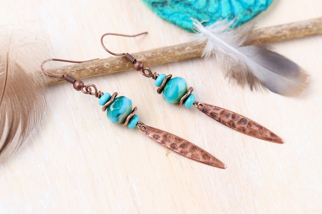 Beaded Dangle Earrings, Dainty Handmade Earrings, Copper and Turquoise ...