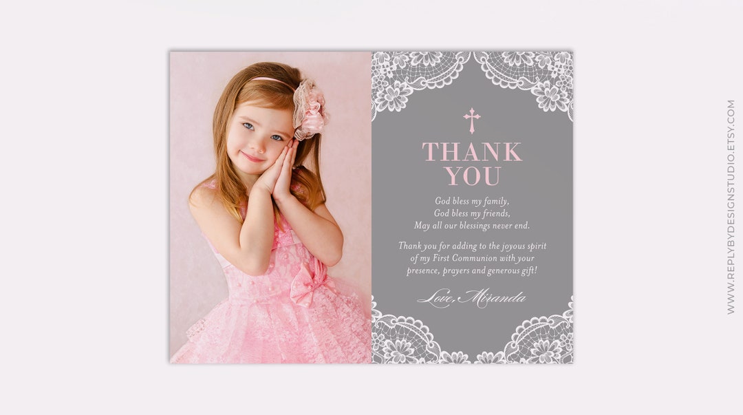 Gray and Pink First Communion Thank You Card With Photo, Traditional ...