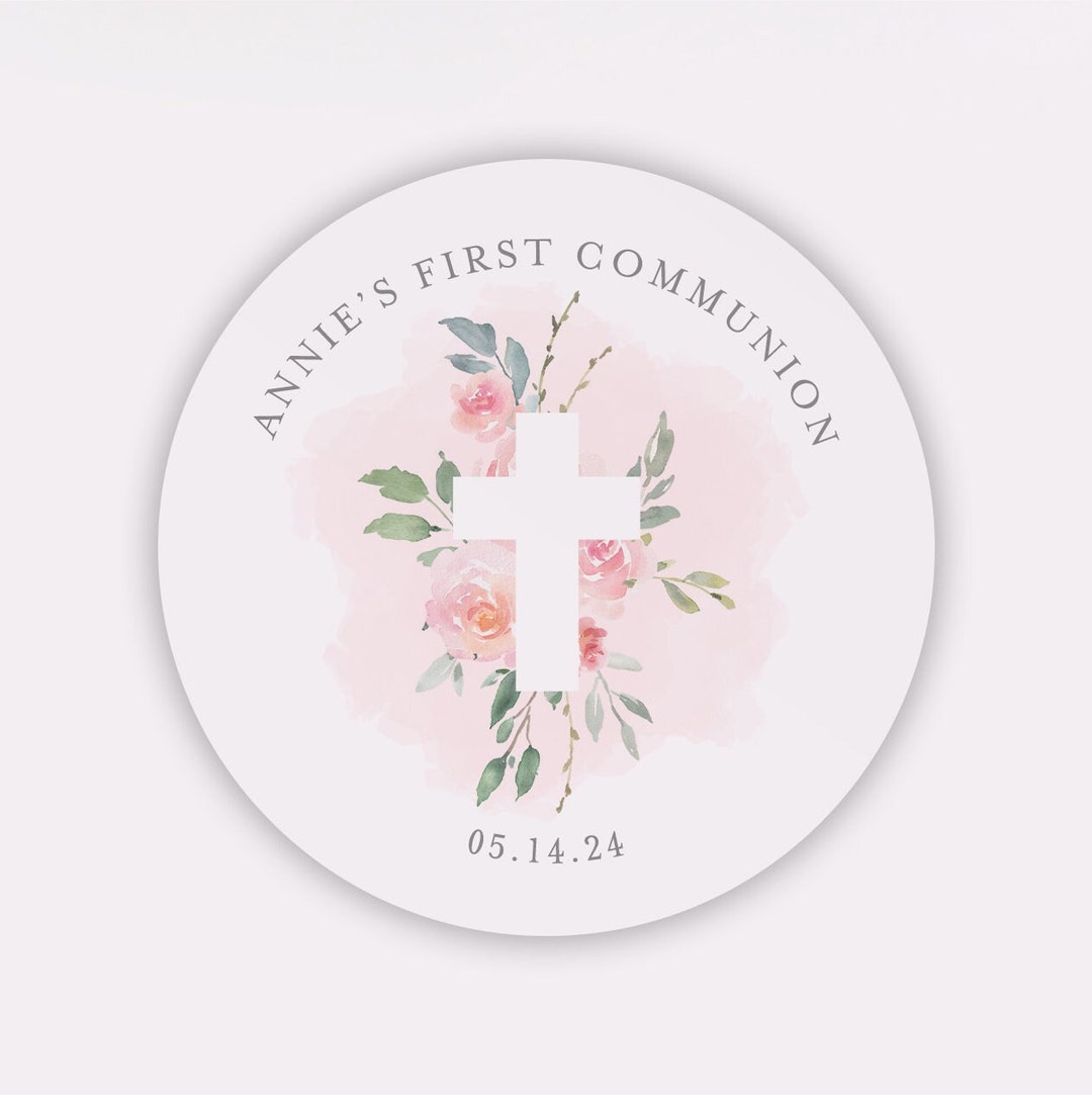 Pink Floral Cross First Communion Stickers, Girl Favor Labels, Decor ...