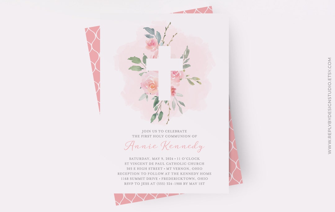 Pink Floral Cross Communion Invitation, Girl First Holy Communion ...