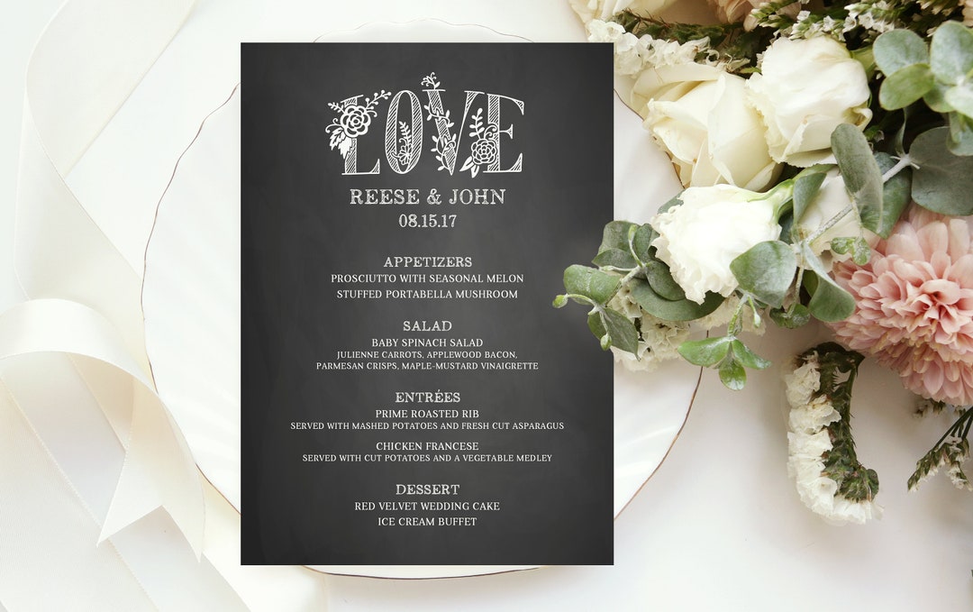 Wedding Menu Card (LOVE) - Reception Decor, Dinner Menu, Printable ...