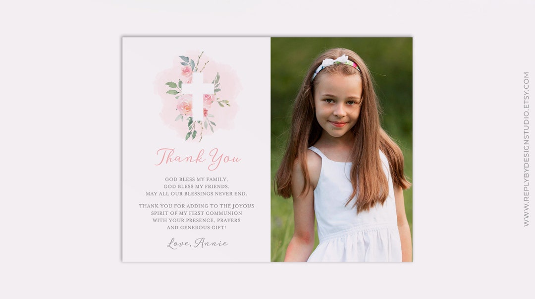Photo First Communion Thank You Card With Floral Cross, Elegant ...