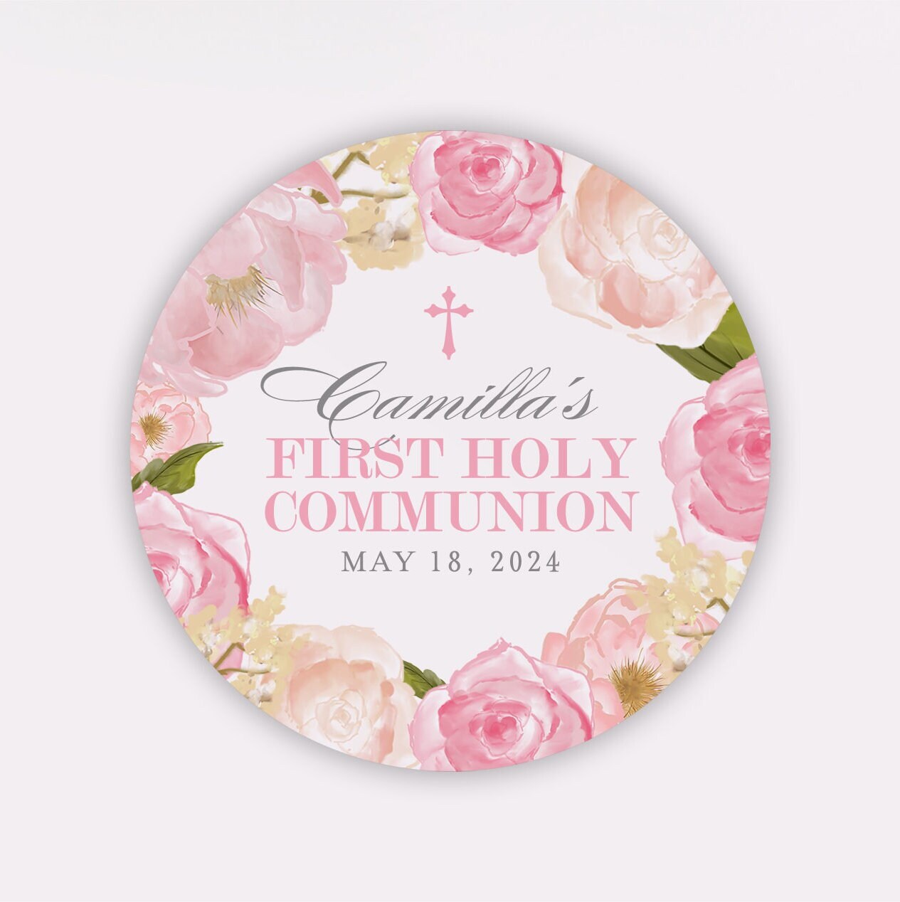 Girl First Communion Stickers, Pink Floral Favor Labels, Decor for ...