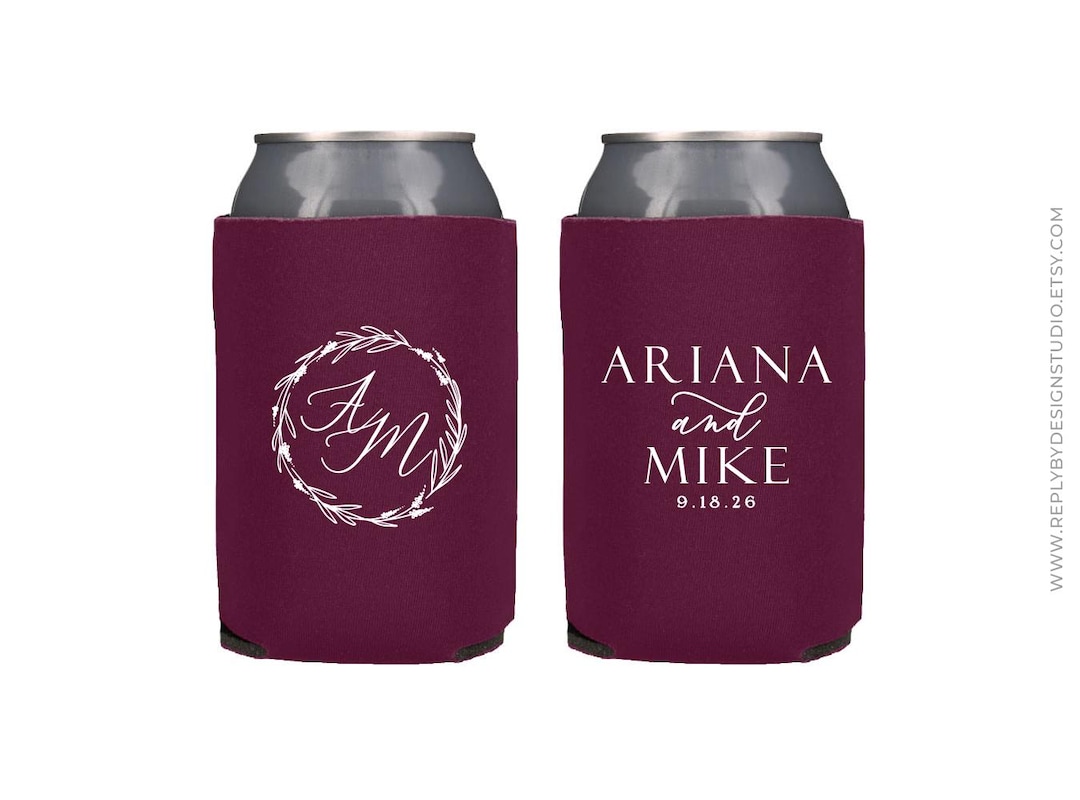 Personalized Fall Wedding Can Coolers - Maroon or Burgundy - Monogram ...