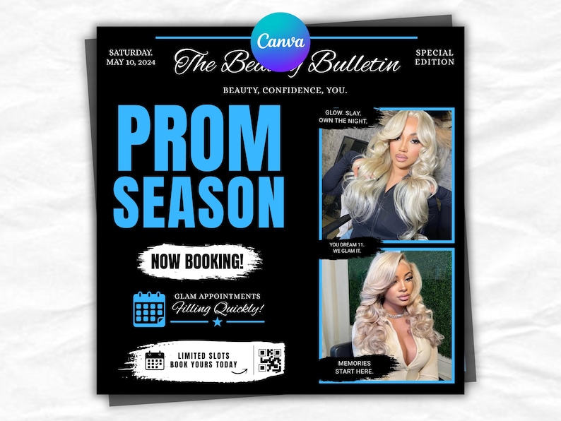 Prom Booking Flyer Canva | Homecoming Beauty Promo Template | Hair ...