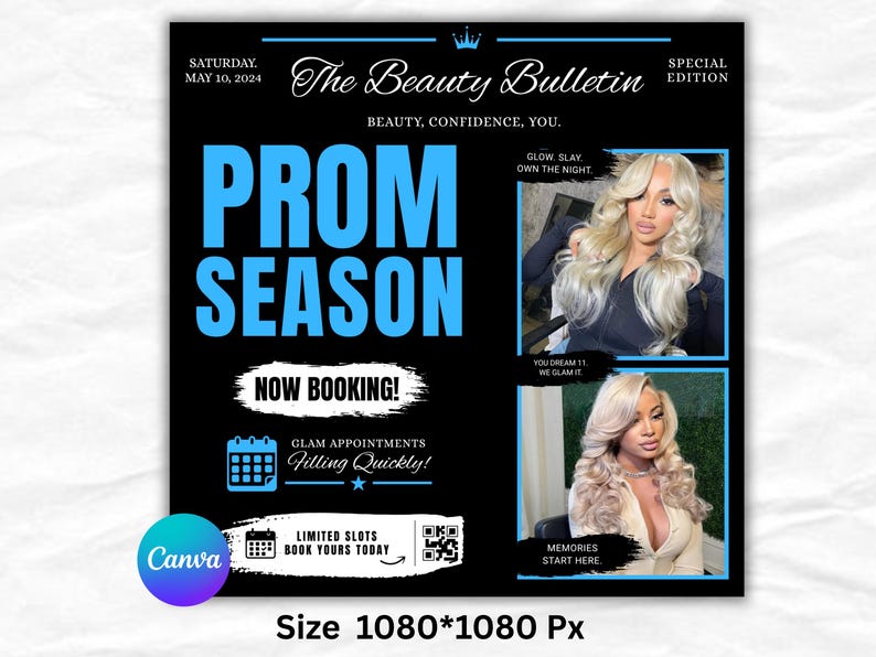 Prom Booking Flyer Canva | Homecoming Beauty Promo Template | Hair ...