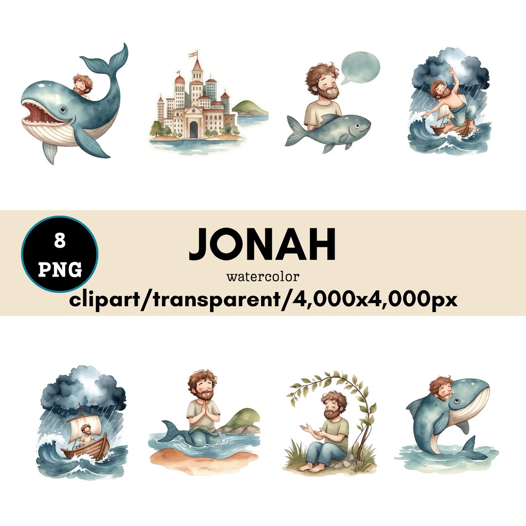 Jonah and the Whale Clipart Bundle, 8 Watercolor Bible Story PNG ...