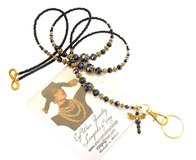 Lanyard Black on black crystals with gold beaded lanyard | Etsy
