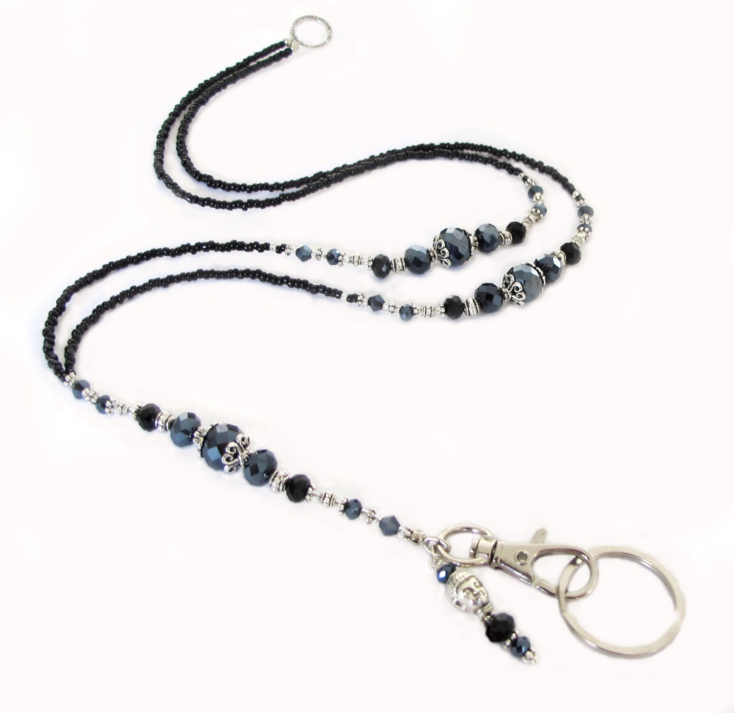 Lanyard, Black on Black Crystals and Silver, Beaded Lanyard, Lanyard ...