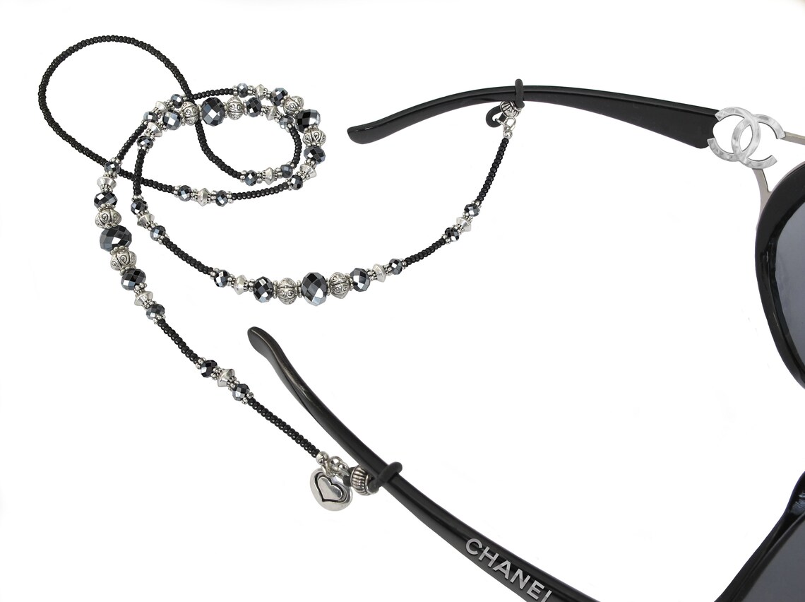 Eyeglass Chain, Black With Silver, Luxury Beaded Glasses Chain ...