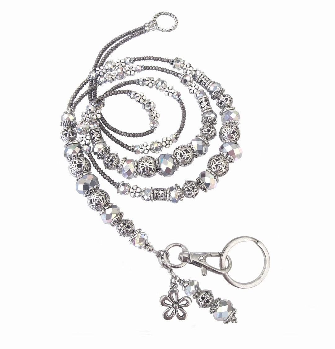 Lanyard, Grey Silver Lustre, Silver Crystals, Silver Bead Lanyard ...