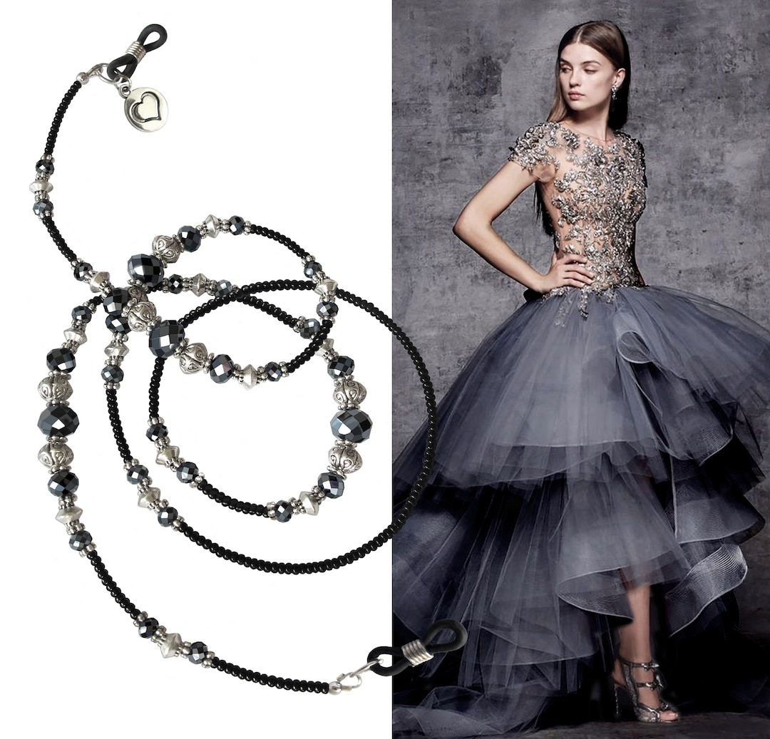 Eyeglass Chain, Black With Silver, Luxury Beaded Glasses Chain ...
