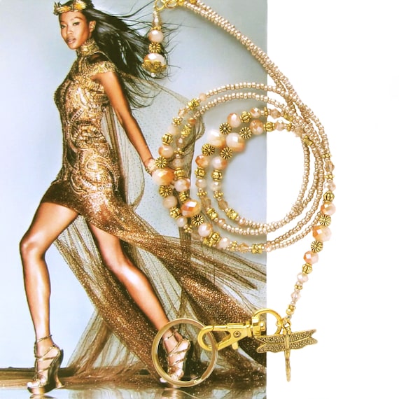 Lanyard Gold Beaded Lanyard Necklace Lanyard Lanyard for ID - Etsy