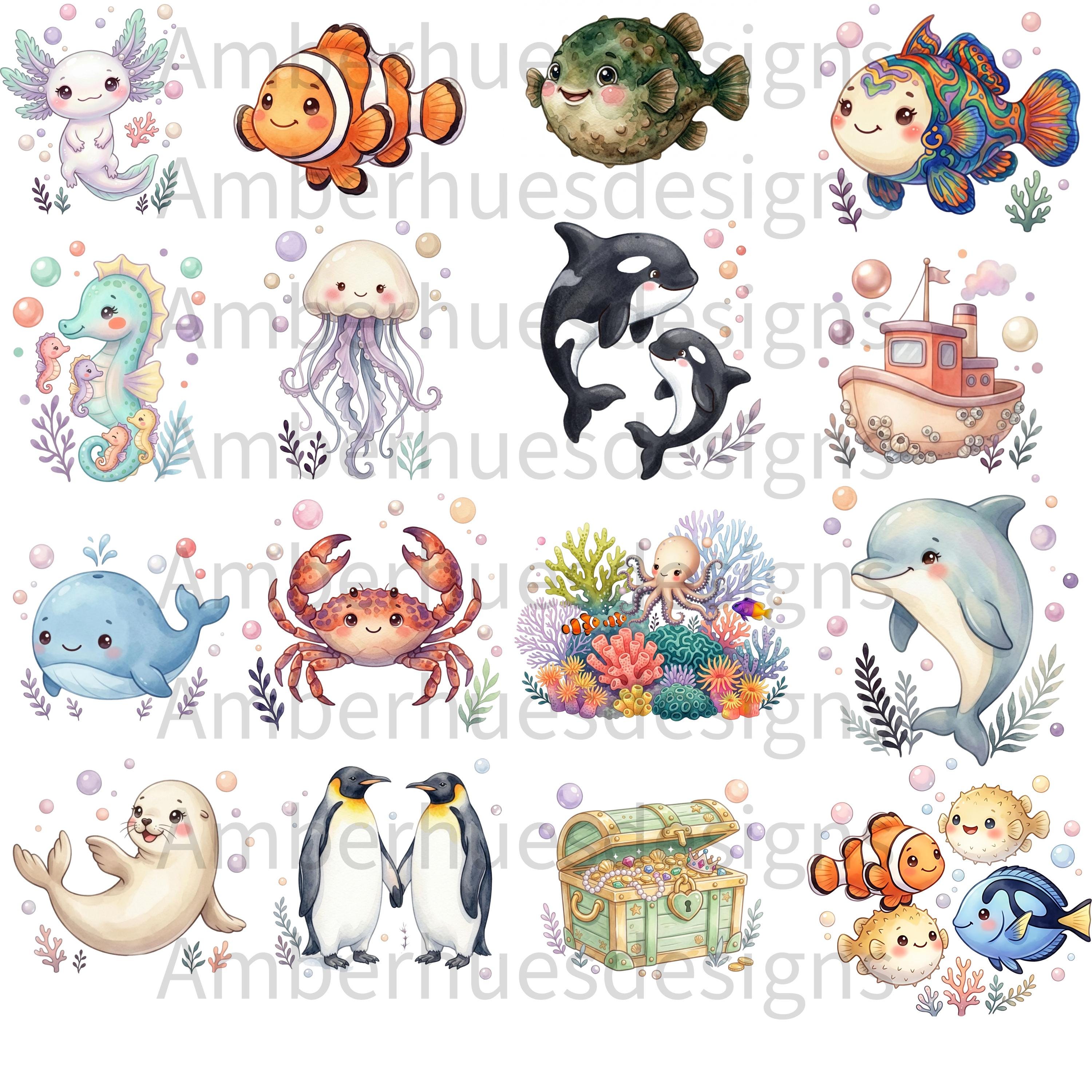 66 Watercolor Sea Animals Clipart, Ocean PNG Bundle (digital Download ...