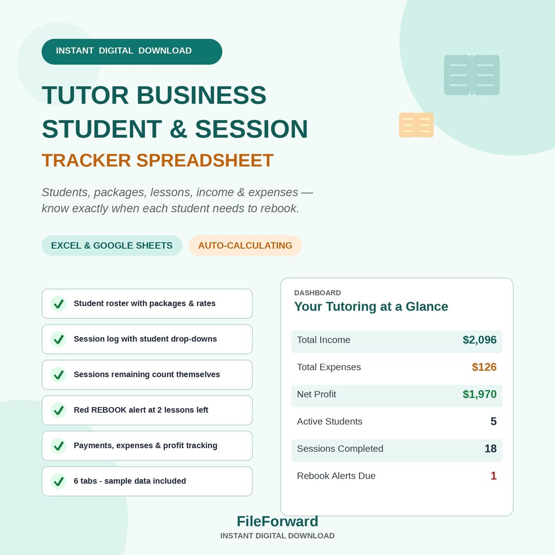 Tutor Business Tracker Spreadsheet, Tutoring Student Session and ...