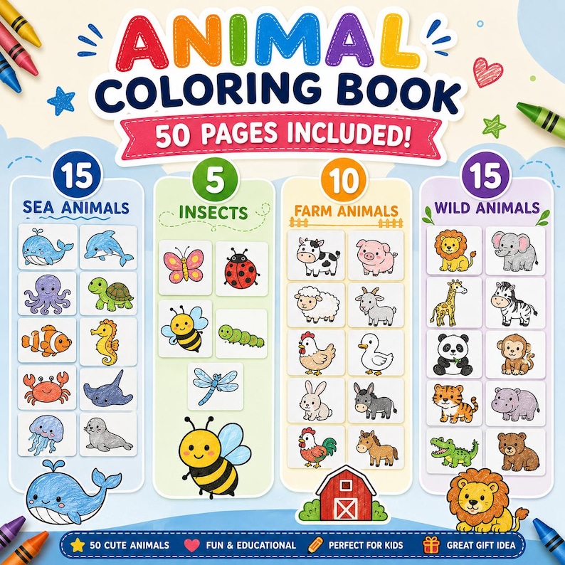 50 Easy Animal Printable Coloring Pages for Toddler, Preschool Activity ...