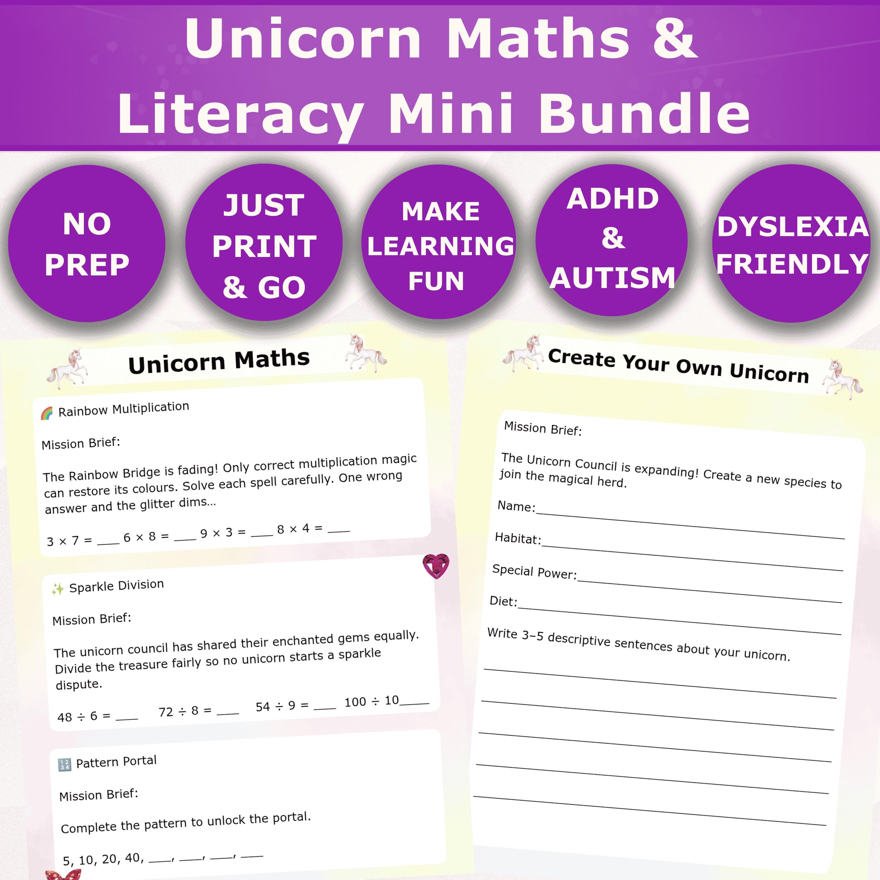 Unicorn Math Literacy Printable Bundle, Grades 3-5, ADHD Autism ...