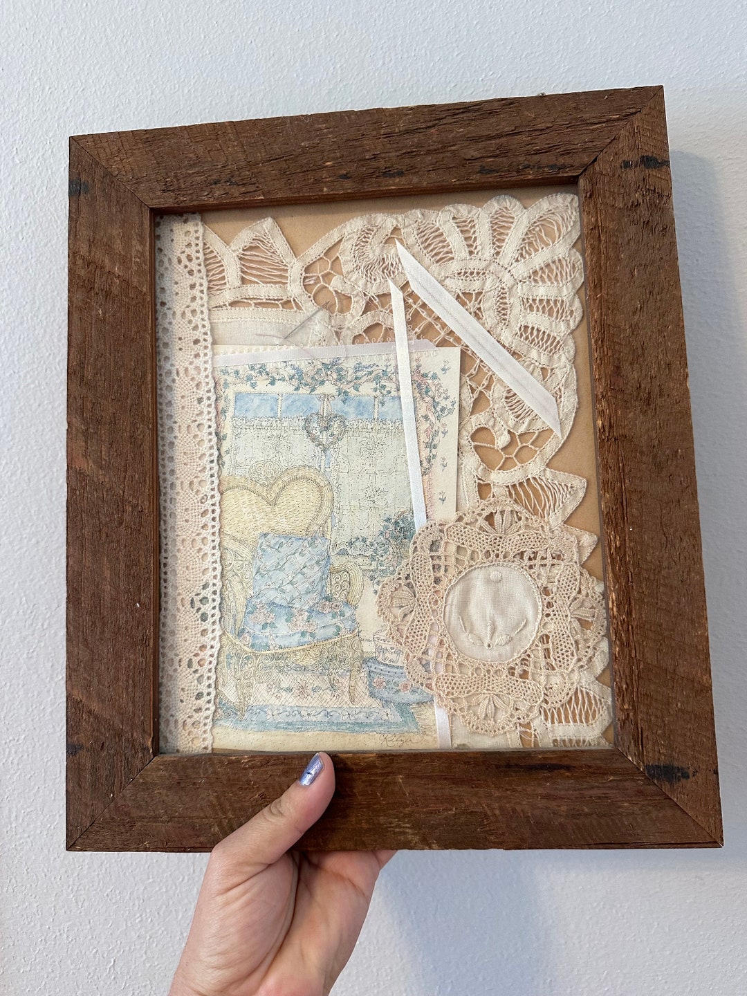 VINTAGE DOILY ART Framed,vintage Wood Frame Art,vintage Doily Framed ...