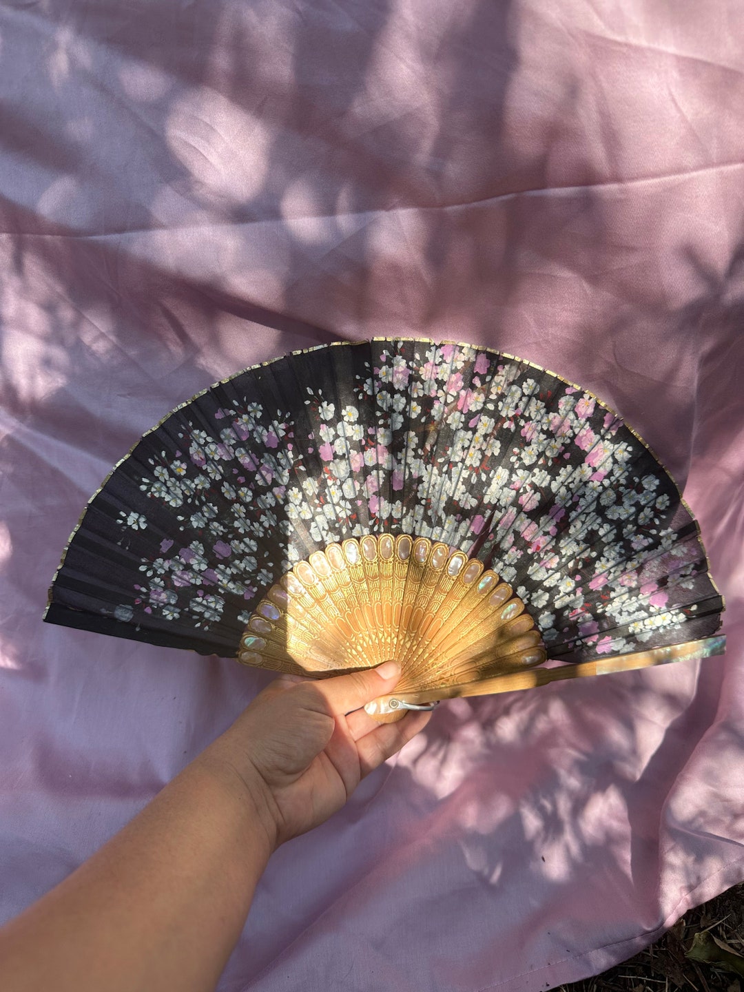VGT MOTHER PEARL Fan,japan Pearl Folding Fan,vintage Cherry Blossom ...