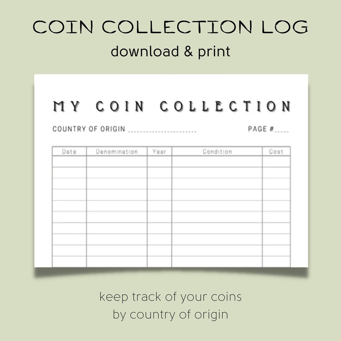 Coin Collection Log Inventory Sheet by Country of Origin Printable A4 ...