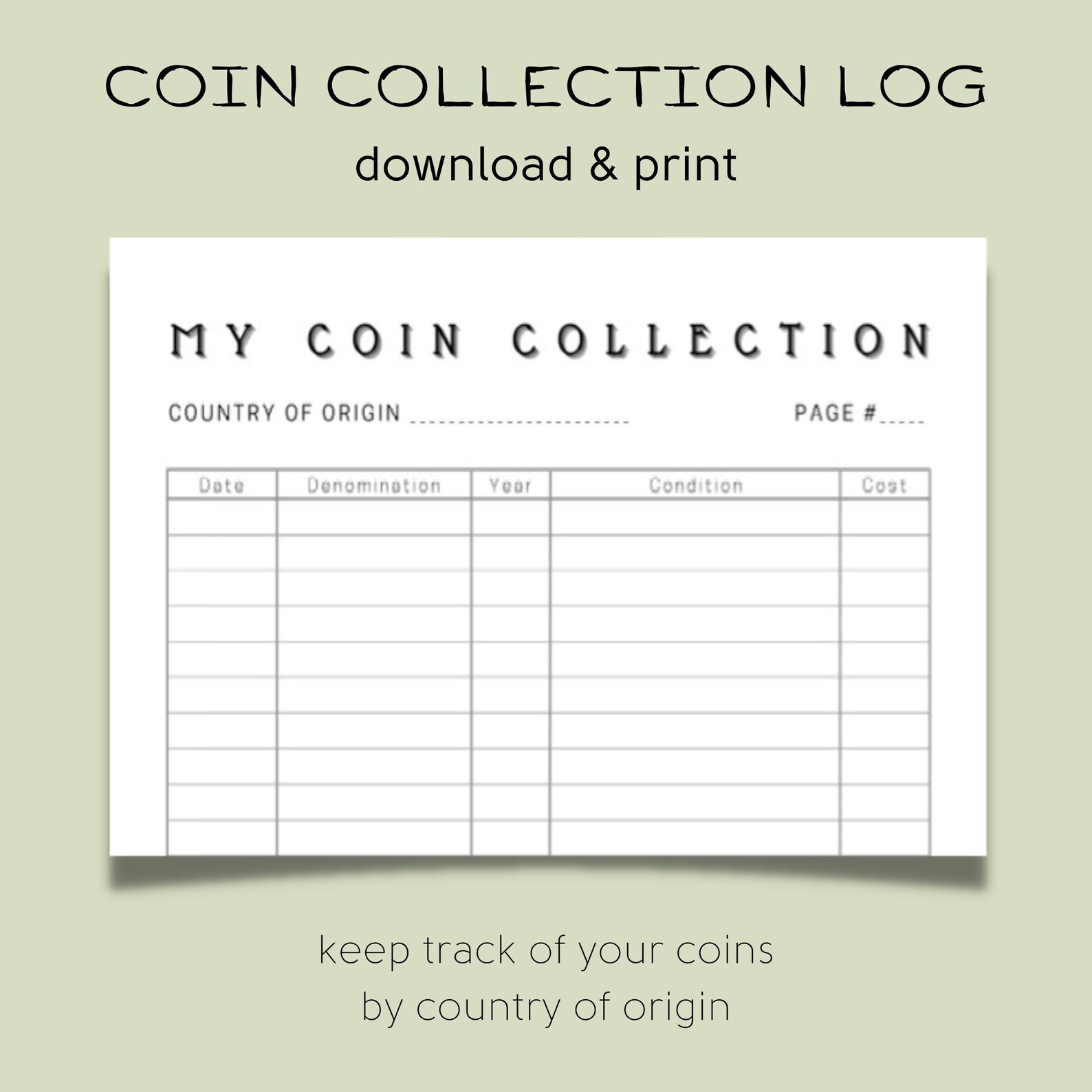 Coin Collection Log Inventory Sheet by Country of Origin Printable A4 ...