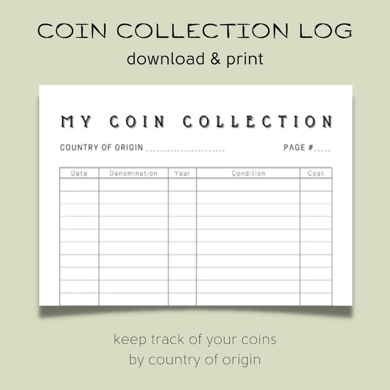 Coin Collection Log Inventory Sheet by Country of Origin Printable A4 ...