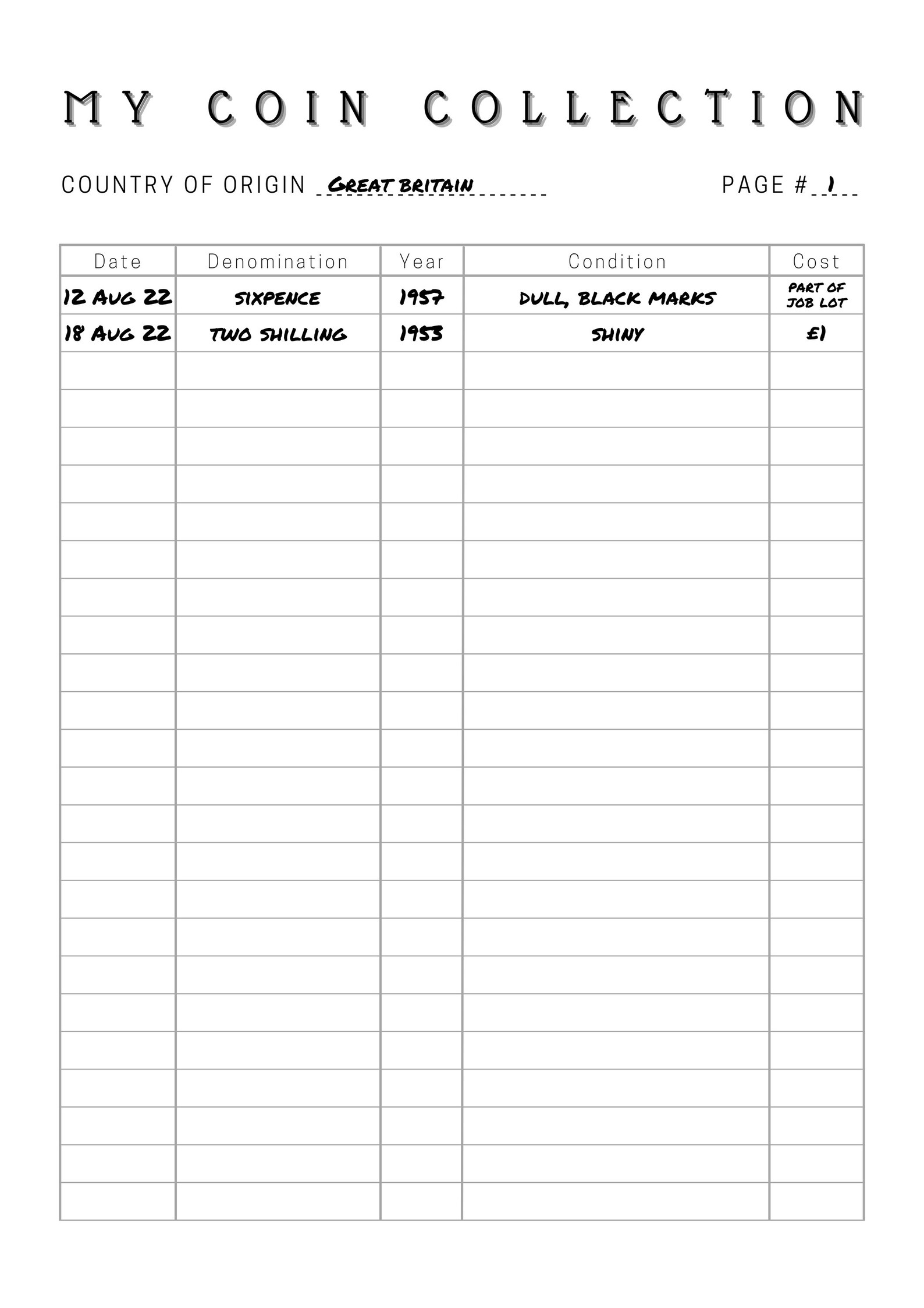 Coin Collection Log Inventory Sheet by Country of Origin Printable A4 ...