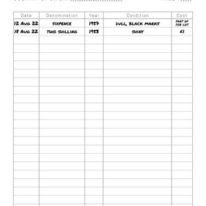 Coin Collection Log Inventory Sheet by Country of Origin Printable A4 ...