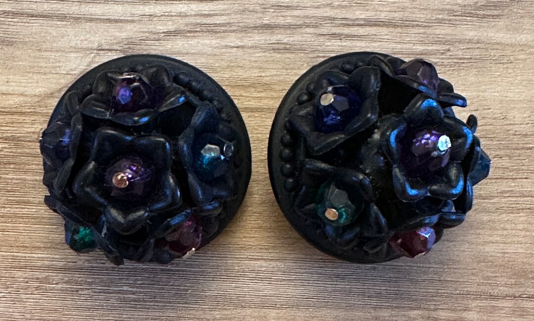 Large Celluloid Earrings // Black Roses Clip Ons // Unusual Glass ...