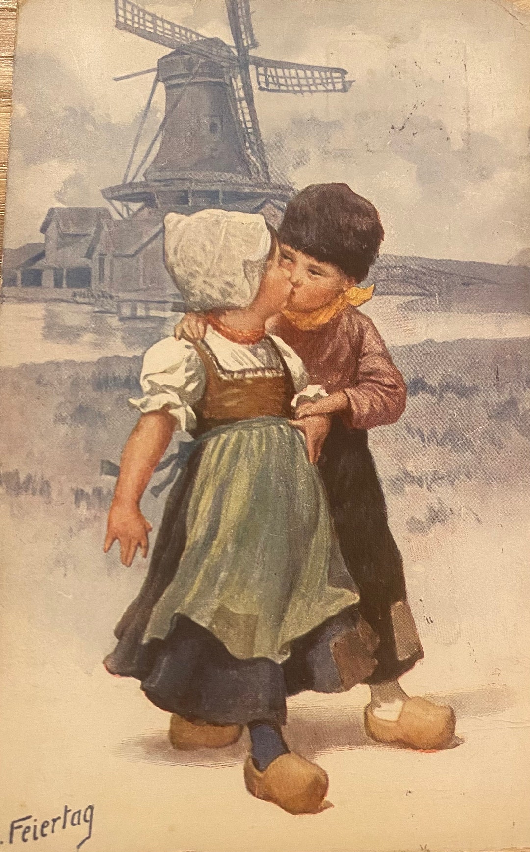Antique Christmas Postcard, Dutch Couple Kissing, Artist Karl Feiertag ...