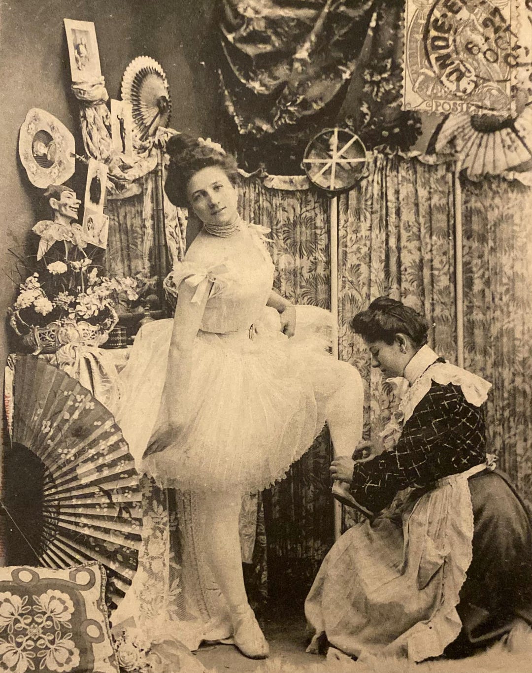 French Antique Postcard, Ballet Dancer Preparing in Her Loge, Undivided ...