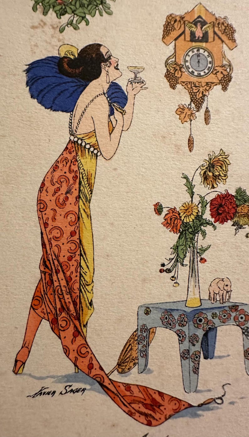 Xavier Sager Postcard, Art Deco Lady Home Alone New Year’s Eve - Etsy