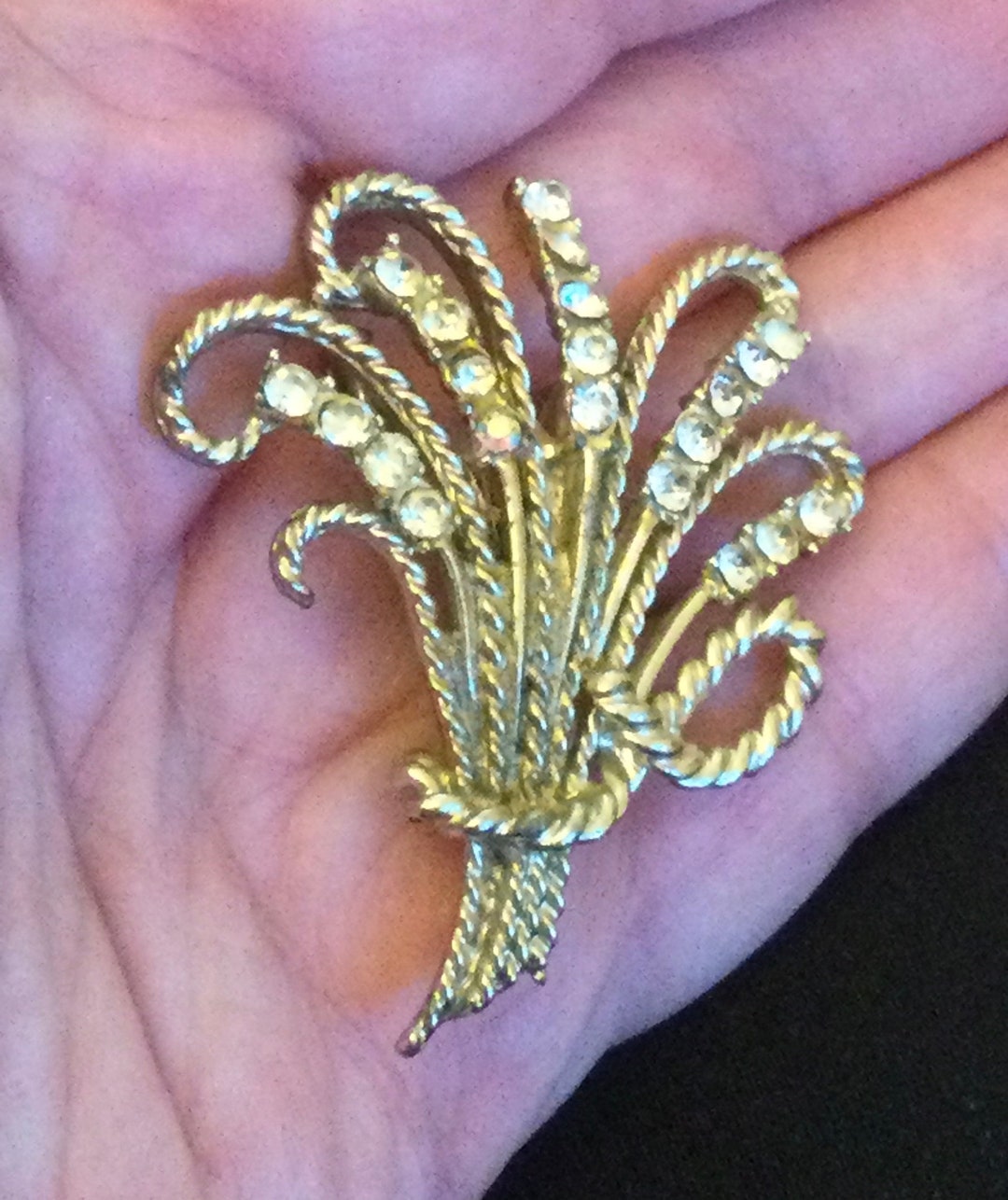 Textured Wire Brooch With Sparkling Glass Flowers, 1960s Vintaged ...