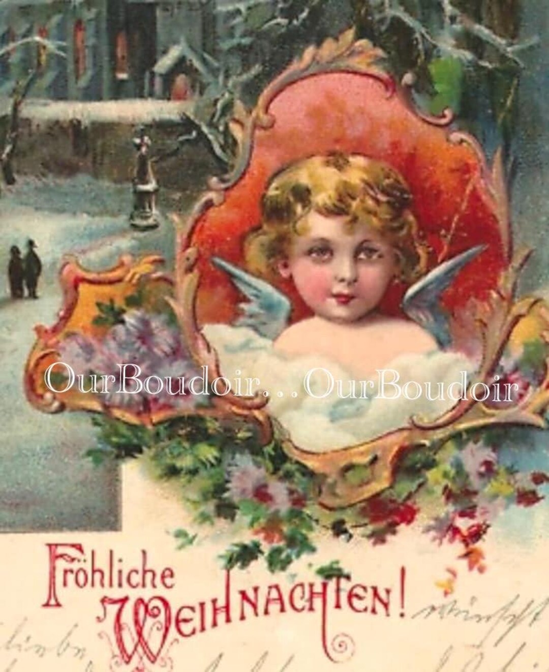 Antique German Postcard // Gilt Angel Medallion Outside the Church ...