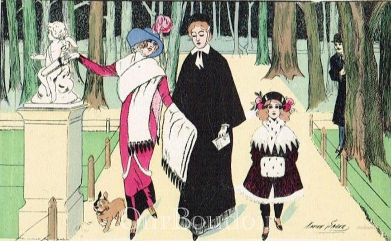 Xavier Sager Illustrated Postcard, Edwardian Fashion, French Bulldog ...