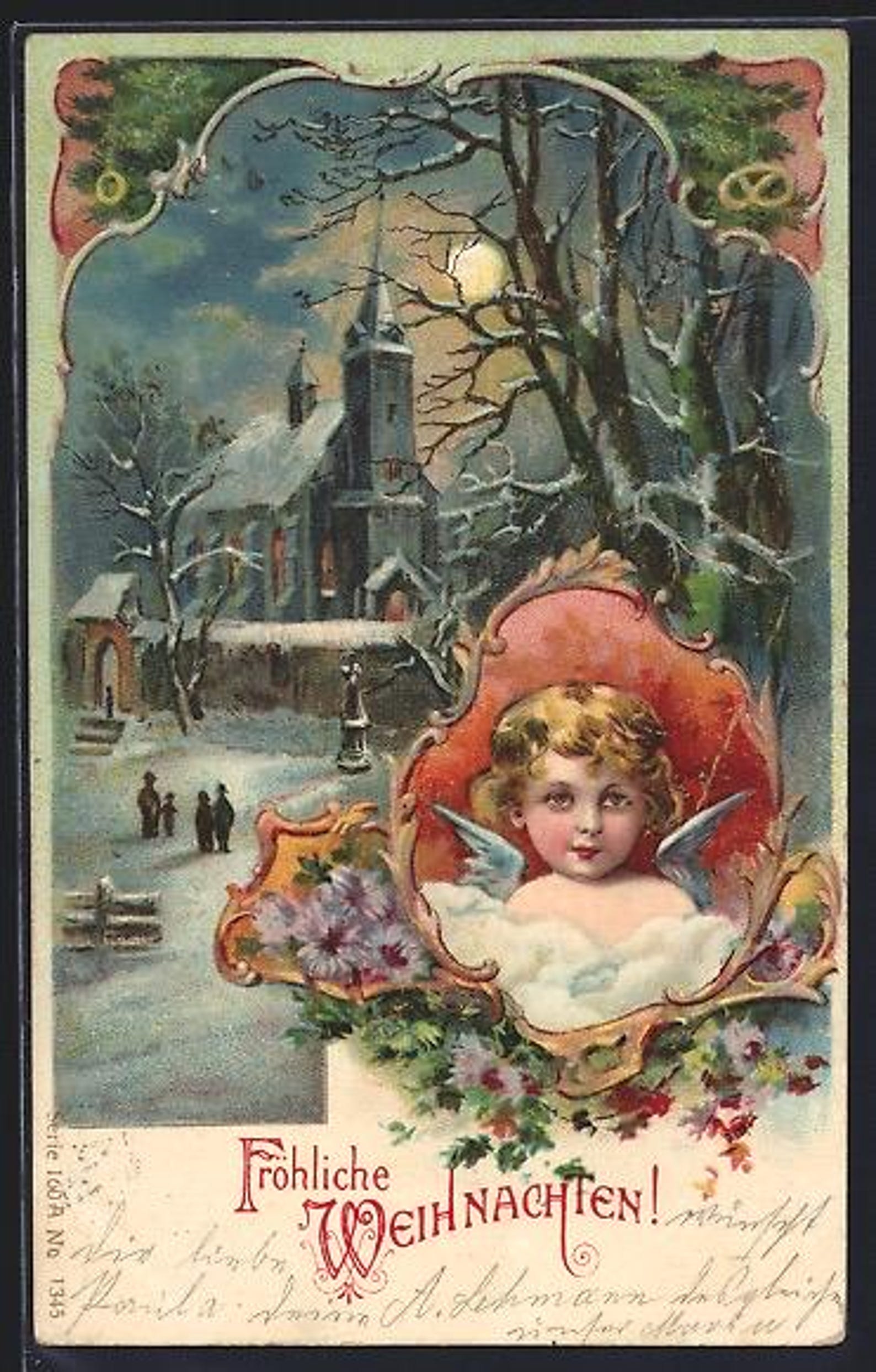 Antique German Postcard // Gilt Angel Medallion Outside the Church ...