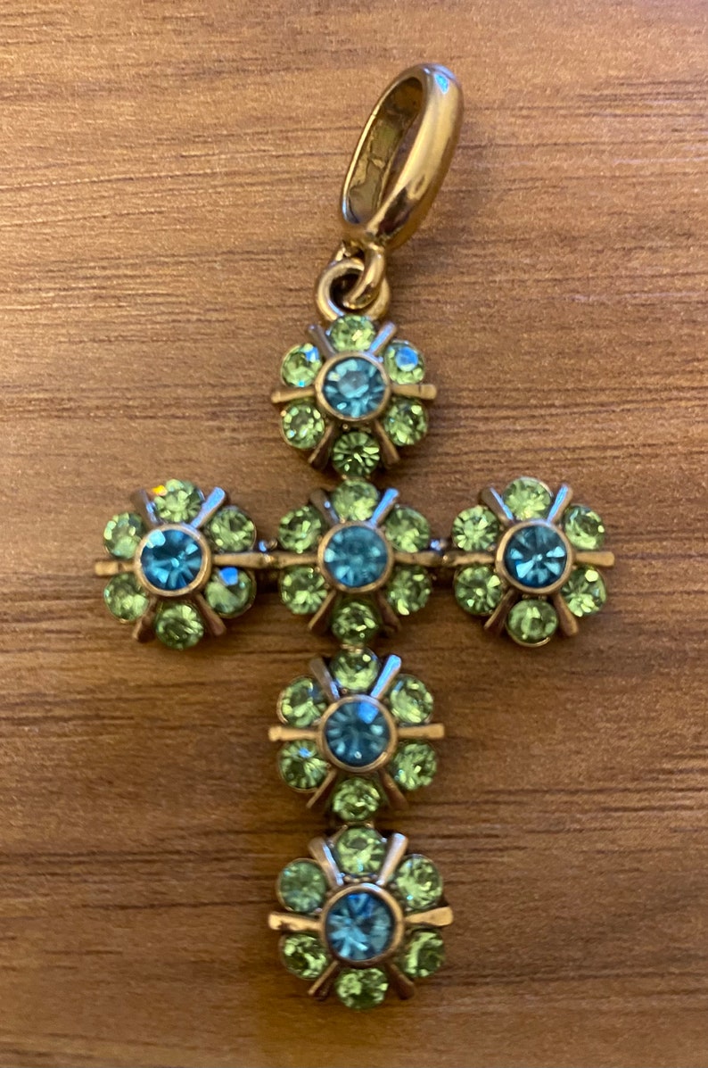 Green and Blue Glass Cross Pendant (14.9g), Gold Tone Religious ...