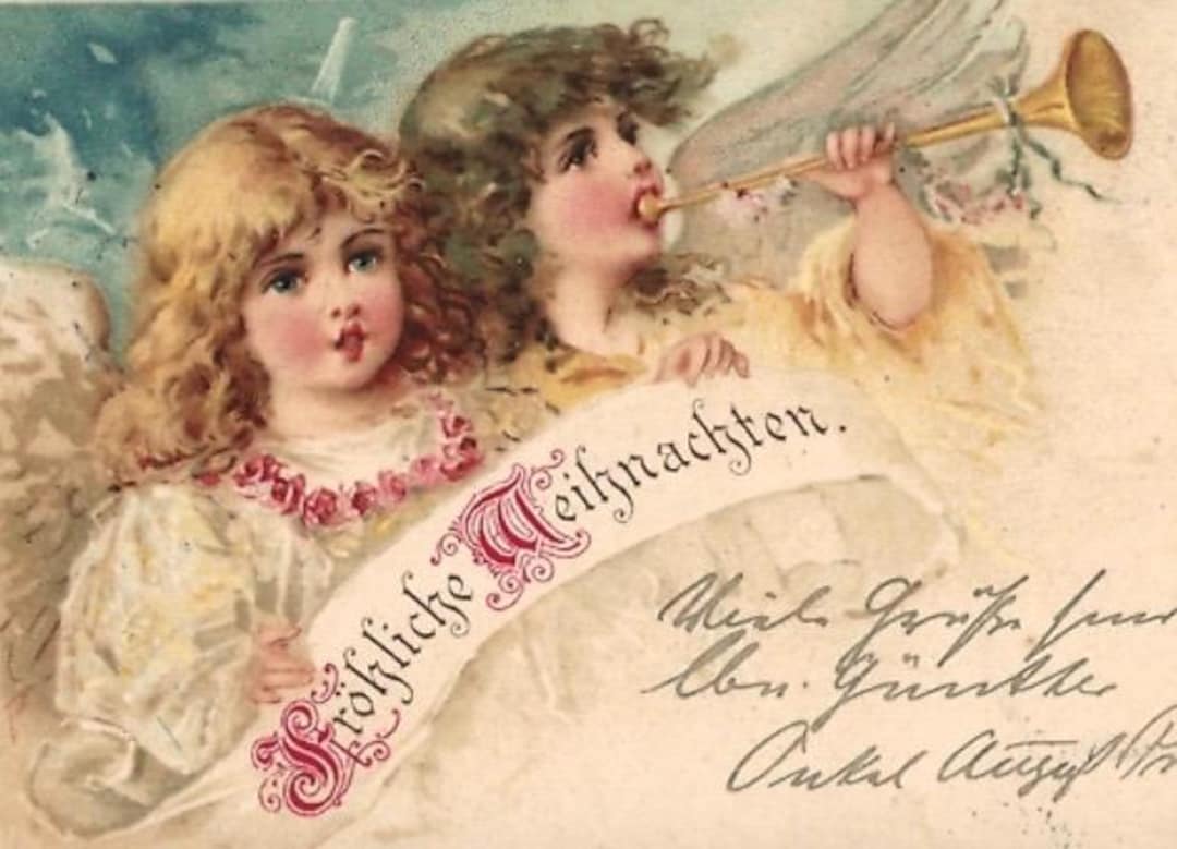 Antique German Christmas Postcard, A Pair of Angels on Gossamer Wings ...