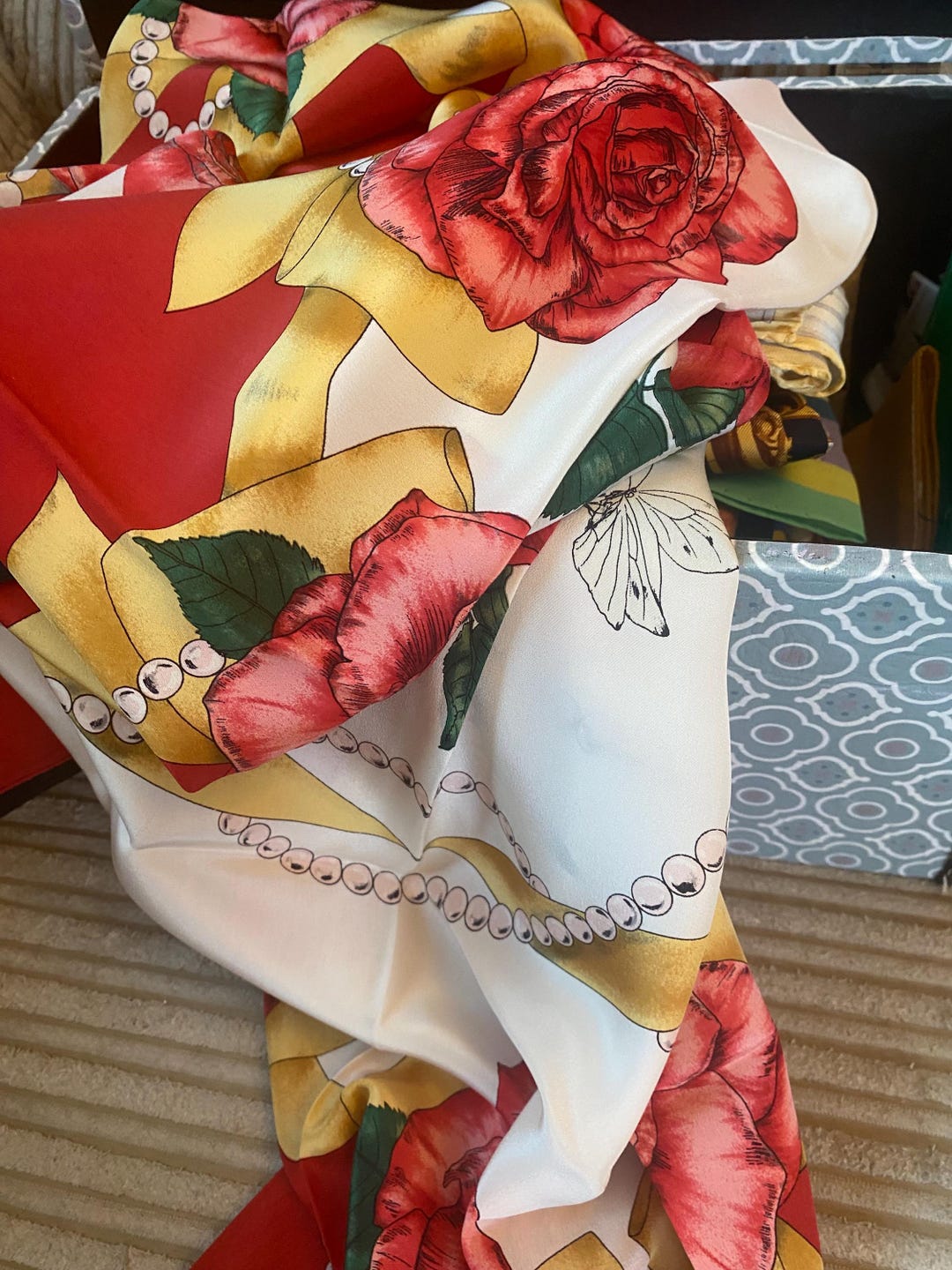 Japanese Silk Scarf, Hanae Mori Designer, Roses Pearls, 34” Red White ...